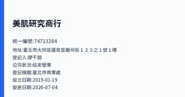 美肌研究商行的照片-統編 74713284(臺北市) 公司登記資料與營業項目詳細圖表