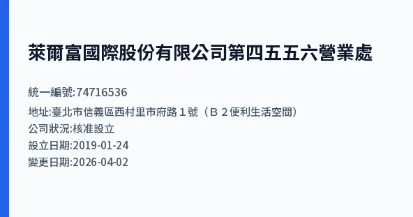 萊爾富國際股份有限公司第四五五六營業處的照片-統編 74716536(臺北市) 公司登記資料與營業項目詳細圖表