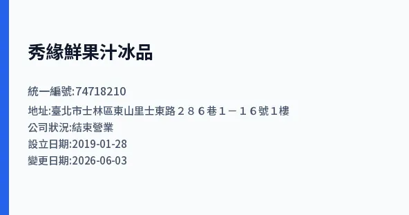 秀緣鮮果汁冰品的照片-統編 74718210(臺北市) 公司登記資料與營業項目詳細圖表