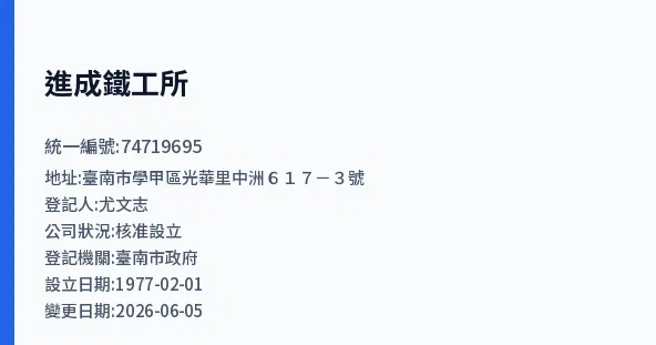 進成鐵工所的照片-統編 74719695(臺南市) 公司登記資料與營業項目詳細圖表