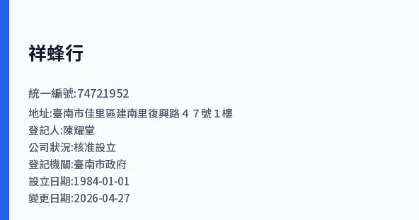 祥蜂行的照片-統編 74721952(臺南市) 公司登記資料與營業項目詳細圖表
