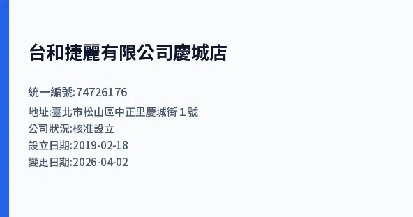 台和捷麗有限公司慶城店的照片-統編 74726176(臺北市) 公司登記資料與營業項目詳細圖表