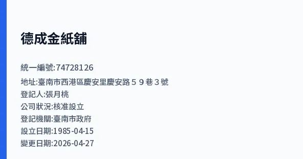 德成金紙舖的照片-統編 74728126(臺南市) 公司登記資料與營業項目詳細圖表