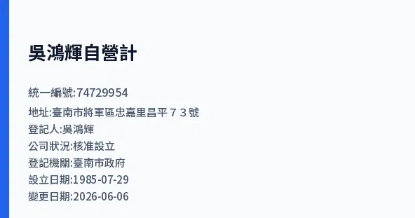 吳鴻輝自營計的照片-統編 74729954(臺南市) 公司登記資料與營業項目詳細圖表