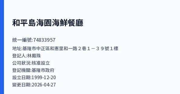 和平島海園海鮮餐廳的照片-統編 74833957(基隆市) 公司登記資料與營業項目詳細圖表