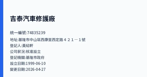 吉泰汽車修護廠的照片-統編 74835239(基隆市) 公司登記資料與營業項目詳細圖表