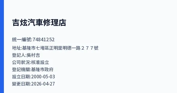 吉炫汽車修理店的照片-統編 74841252(基隆市) 公司登記資料與營業項目詳細圖表