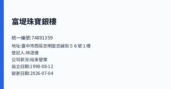 富堤珠寶銀樓的照片-統編 74891359(臺中市) 公司登記資料與營業項目詳細圖表