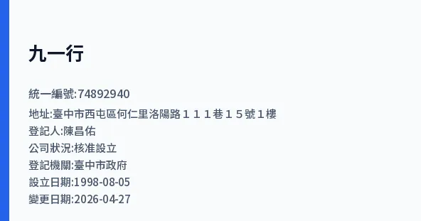 九一行的照片-統編 74892940(臺中市) 公司登記資料與營業項目詳細圖表
