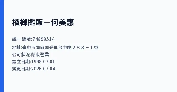 檳榔攤販-何美惠的照片-統編 74899514(臺中市) 公司登記資料與營業項目詳細圖表