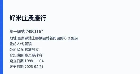 好米庄農產行的照片-統編 74901167(臺東縣) 公司登記資料與營業項目詳細圖表