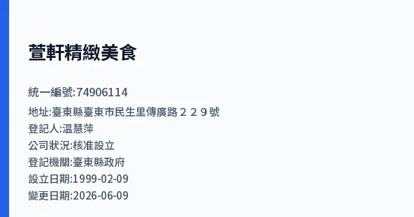 萱軒精緻美食的照片-統編 74906114(臺東縣) 公司登記資料與營業項目詳細圖表