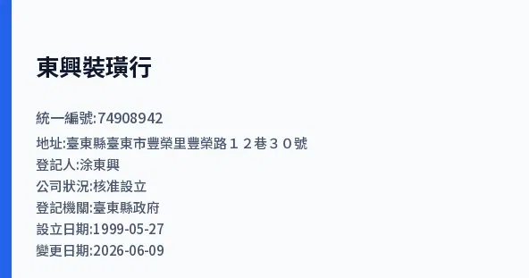 東興裝璜行的照片-統編 74908942(臺東縣) 公司登記資料與營業項目詳細圖表