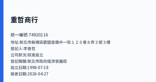 重哲商行的照片-統編 74920116(新北市) 公司登記資料與營業項目詳細圖表