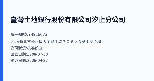 臺灣土地銀行股份有限公司汐止分公司的照片-統編 74926673(新北市) 公司登記資料與營業項目詳細圖表