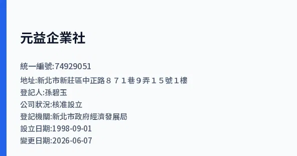 元益企業社的照片-統編 74929051(新北市) 公司登記資料與營業項目詳細圖表