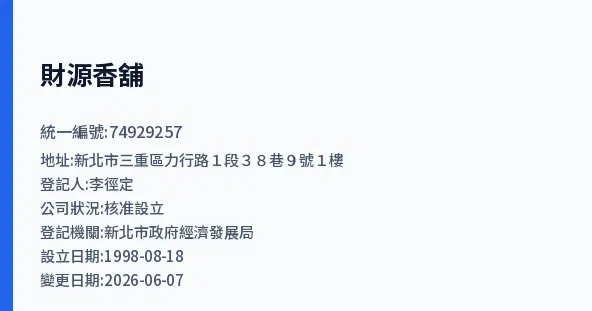 財源香舖的照片-統編 74929257(新北市) 公司登記資料與營業項目詳細圖表