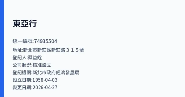 東亞行的照片-統編 74935504(新北市) 公司登記資料與營業項目詳細圖表