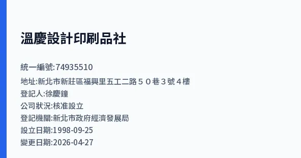 溫慶設計印刷品社的照片-統編 74935510(新北市) 公司登記資料與營業項目詳細圖表