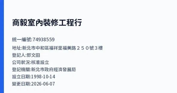 商毅室內裝修工程行的照片-統編 74938559(新北市) 公司登記資料與營業項目詳細圖表