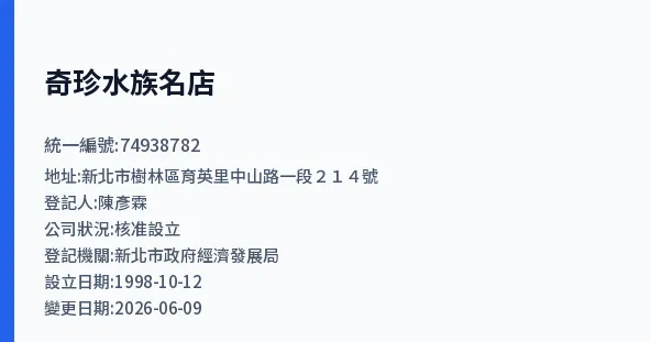 奇珍水族名店的照片-統編 74938782(新北市) 公司登記資料與營業項目詳細圖表