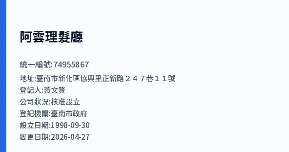 阿雲理髮廳的照片-統編 74955867(臺南市) 公司登記資料與營業項目詳細圖表