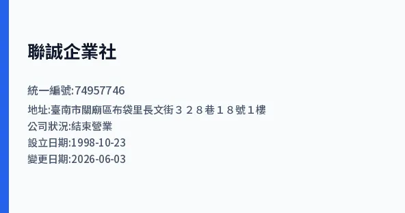 聯誠企業社的照片-統編 74957746(臺南市) 公司登記資料與營業項目詳細圖表