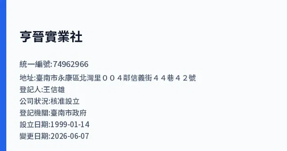 亨晉實業社的照片-統編 74962966(臺南市) 公司登記資料與營業項目詳細圖表