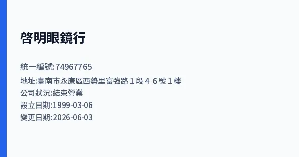啓明眼鏡行的照片-統編 74967765(臺南市) 公司登記資料與營業項目詳細圖表