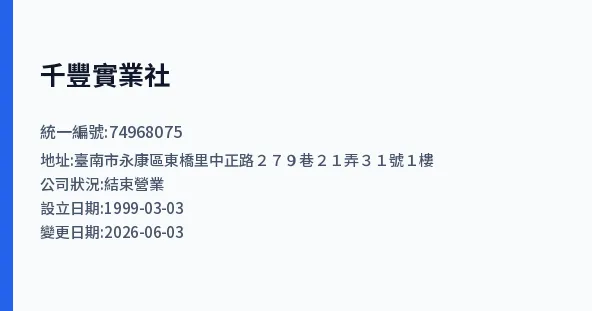 千豐實業社的照片-統編 74968075(臺南市) 公司登記資料與營業項目詳細圖表