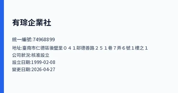 有琮企業社的照片-統編 74968899(臺南市) 公司登記資料與營業項目詳細圖表