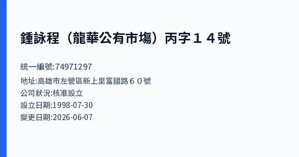 鍾詠程(龍華公有市塲)丙字14號的照片-統編 74971297(高雄市) 公司登記資料與營業項目詳細圖表