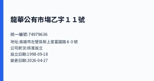 龍華公有市塲乙字11號的照片-統編 74979636(高雄市) 公司登記資料與營業項目詳細圖表