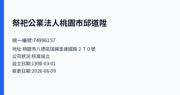 祭祀公業法人桃園市邱道陞的照片-統編 74996157(桃園市) 公司登記資料與營業項目詳細圖表