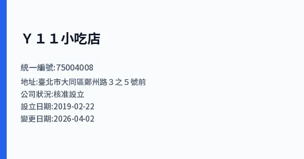 Y11小吃店的照片-統編 75004008(臺北市) 公司登記資料與營業項目詳細圖表