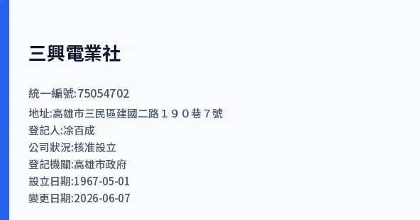 三興電業社的照片-統編 75054702(高雄市) 公司登記資料與營業項目詳細圖表