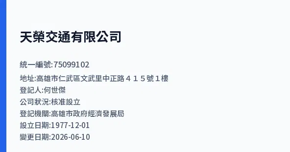 天榮交通有限公司的照片-統編 75099102(高雄市) 公司登記資料與營業項目詳細圖表
