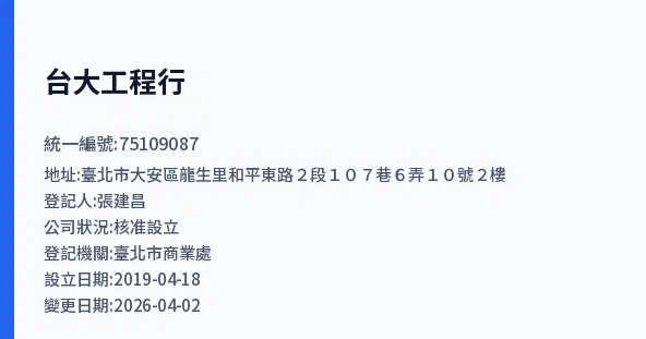 台大工程行的照片-統編 75109087(臺北市) 公司登記資料與營業項目詳細圖表