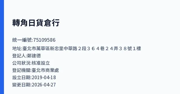 轉角日貨倉行的照片-統編 75109586(臺北市) 公司登記資料與營業項目詳細圖表