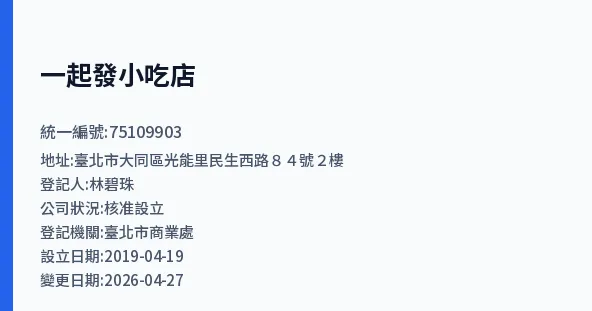 一起發小吃店的照片-統編 75109903(臺北市) 公司登記資料與營業項目詳細圖表