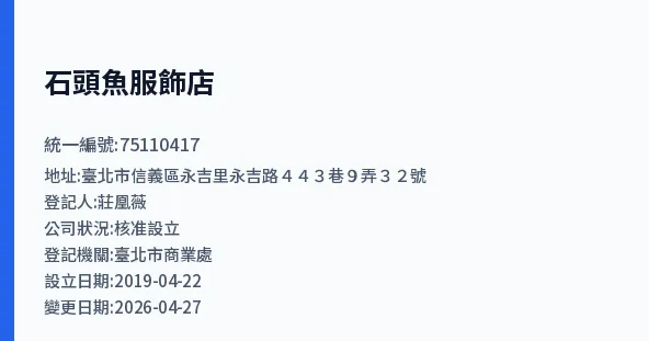 石頭魚服飾店的照片-統編 75110417(臺北市) 公司登記資料與營業項目詳細圖表