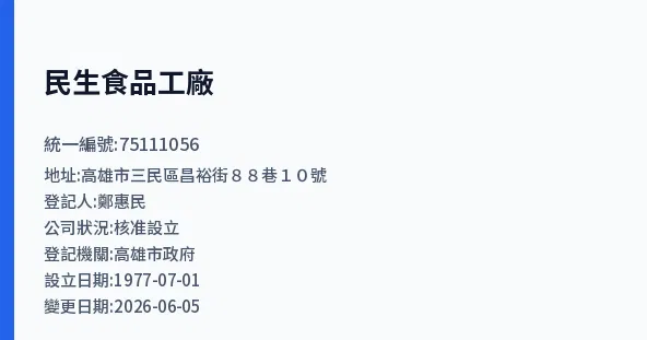 民生食品工廠的照片-統編 75111056(高雄市) 公司登記資料與營業項目詳細圖表