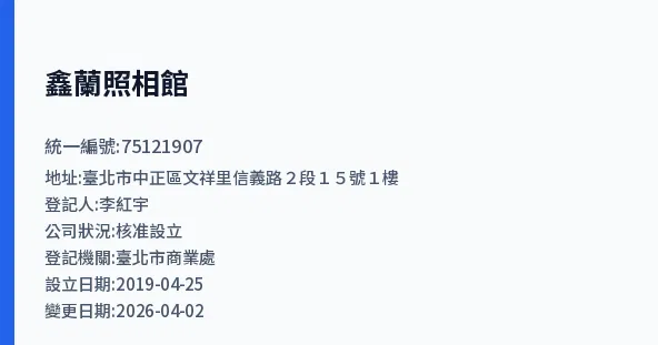 鑫蘭照相館的照片-統編 75121907(臺北市) 公司登記資料與營業項目詳細圖表