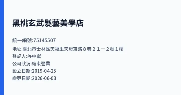 黑桃玄武髮藝美學店的照片-統編 75145507(臺北市) 公司登記資料與營業項目詳細圖表