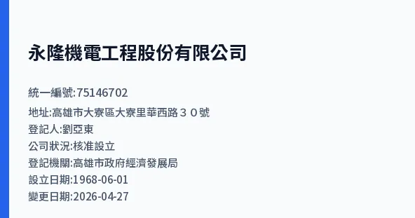 永隆機電工程股份有限公司的照片-統編 75146702(高雄市) 公司登記資料與營業項目詳細圖表