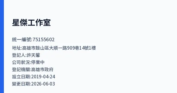 星傑工作室的照片-統編 75155602(高雄市) 公司登記資料與營業項目詳細圖表