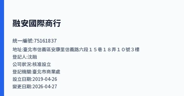 融安國際商行的照片-統編 75161837(臺北市) 公司登記資料與營業項目詳細圖表