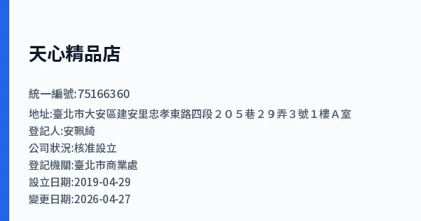 天心精品店的照片-統編 75166360(臺北市) 公司登記資料與營業項目詳細圖表