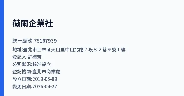 薇爾企業社的照片-統編 75167939(臺北市) 公司登記資料與營業項目詳細圖表
