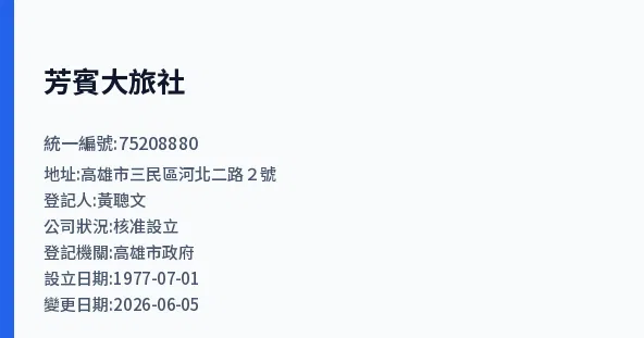 芳賓大旅社的照片-統編 75208880(高雄市) 公司登記資料與營業項目詳細圖表